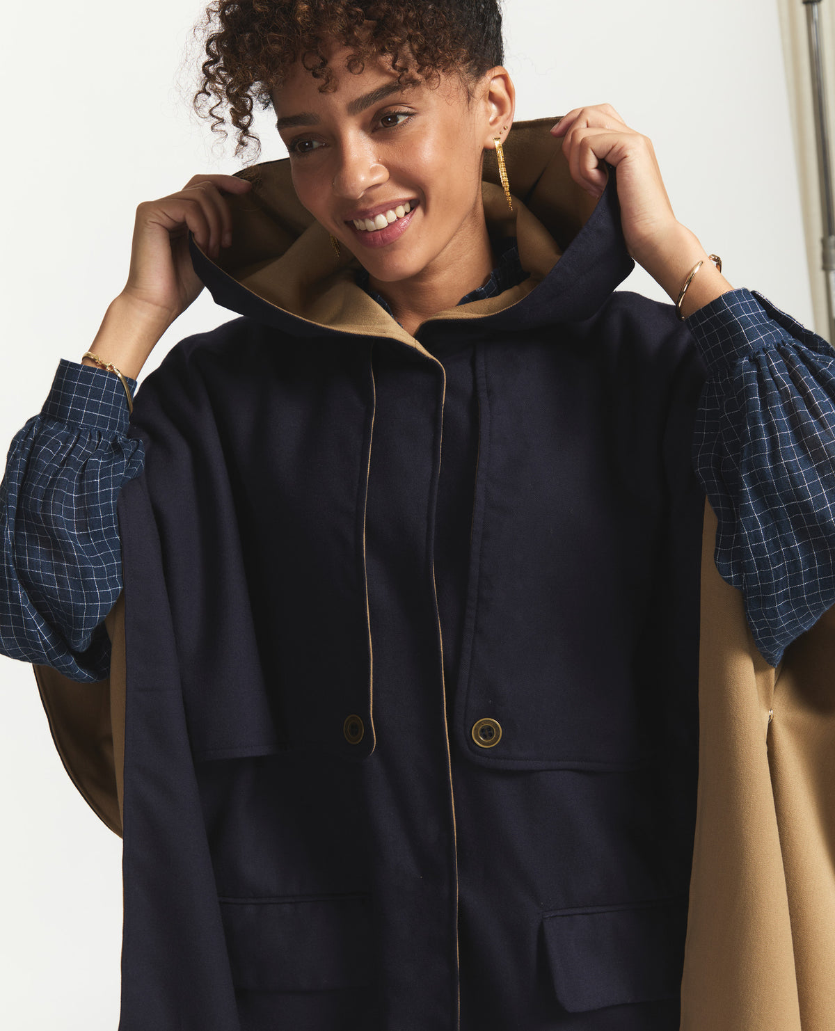 Tone | Oversized Poncho With Hood | Navy & Toffee | Sitting Pretty
